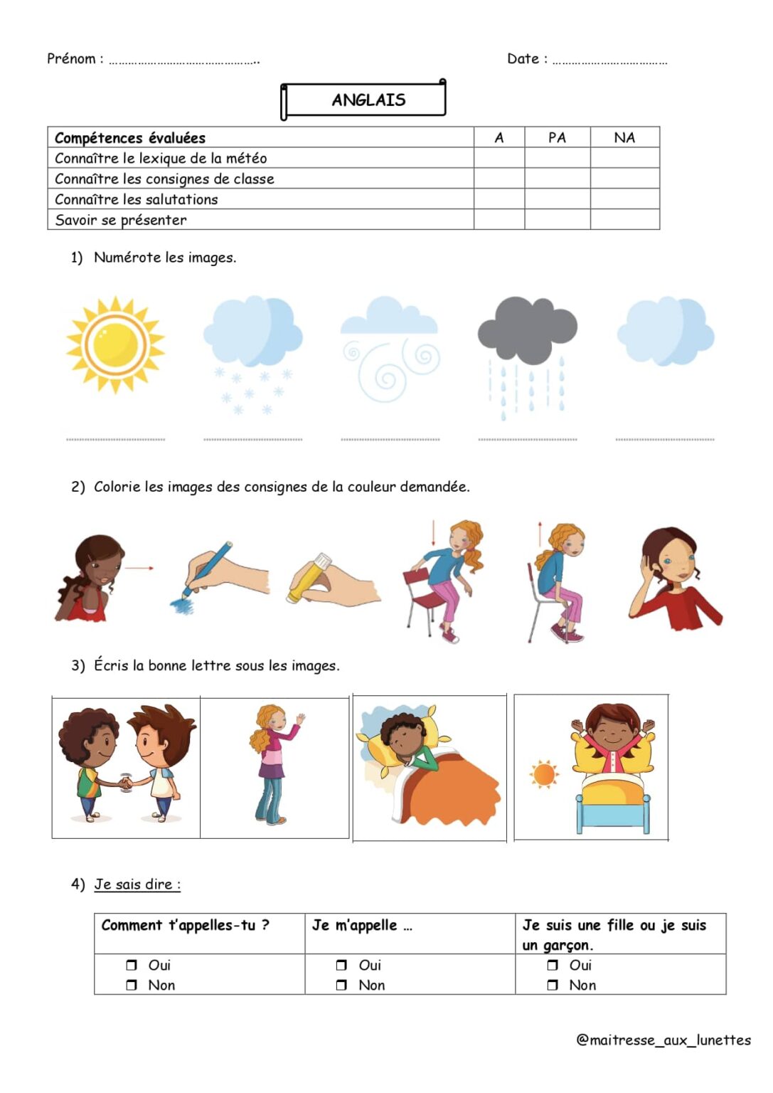 Evaluation anglais CE1 et CE2 | Maîtresse aux Lunettes